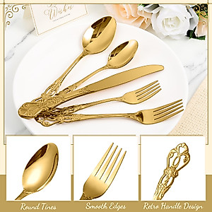 Dandat 30 Pcs Retro Silverware Set Stainless Steel Flatware Set Anti Rust Utensils Set Mirror Polished Cutlery Include Spoon Fork Knife for Dinnerware Wedding Birthday Party Favor (Gold)