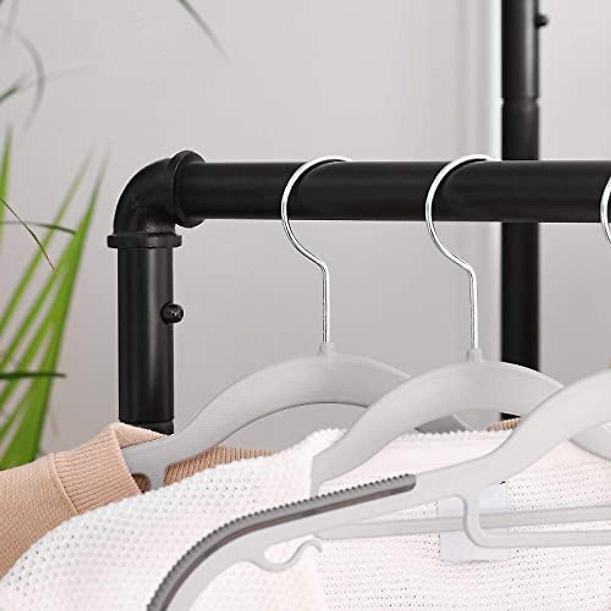 SONGMICS Industrial Pipe Clothes Rack Bundle with 50 Clothes Hangers, Rolling Garment Rack with Bottom Storage Shelf, Space-Saving Plastic Hangers with Tie Bars UHSR60B and UCRP20G50