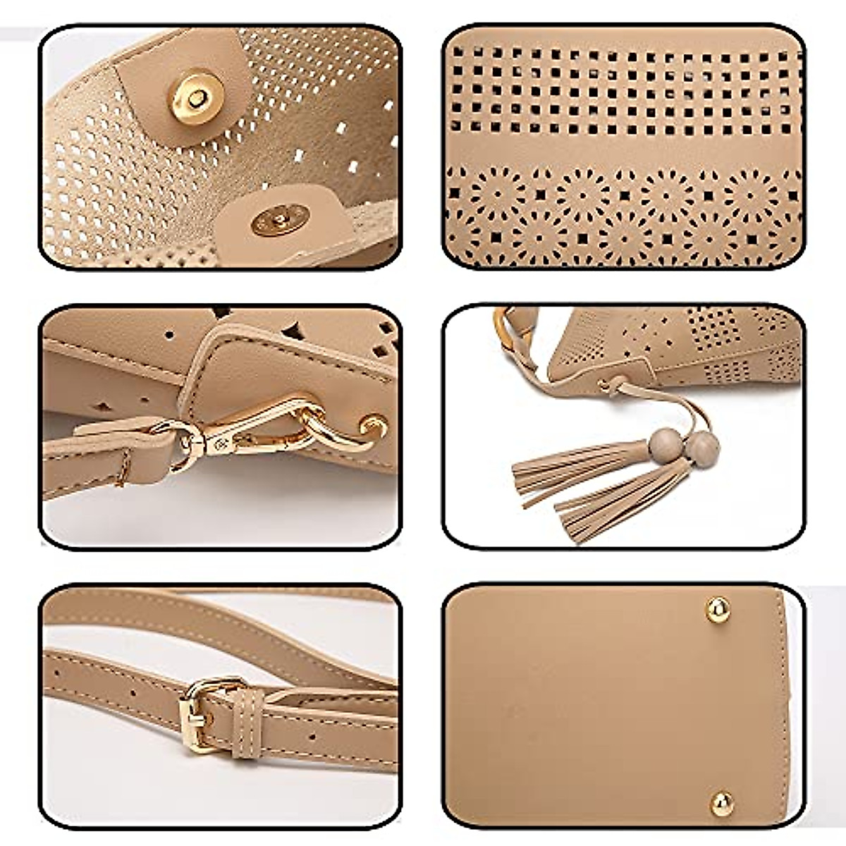 Downupdown 2PC Handbags and Purse for Women Hollow Out Leather Top Handle Handbag Tassel Beach Bag Tote Bags Hobo Purses Set-Pink