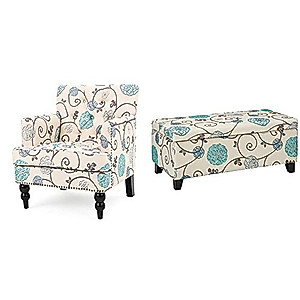 Christopher Knight Home Harrison Fabric Tufted Club Chair, White/Blue & Breanna Fabric Storage Ottoman, White and Blue Floral