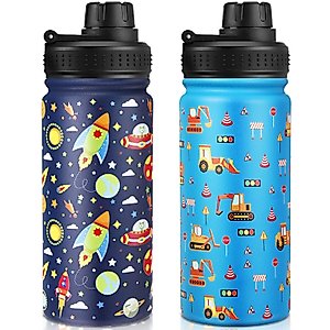 2 Pcs 16 oz Kids Insulated Water Bottle with Wide Handle, Stainless Steel Double Wall Vacuum Leak Proof Kids Bottle, Keep Hot or Cold Cute Metal Water Bottle for School Boys Girls (Vehicle, Planet)