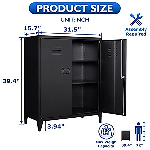 AFAIF Metal Storage Cabinet with Lock, Free Standing Office Cabinet with Doors and Shelves, Lockable Steel Locker Storage Cabinet Black Side Cabinets for Home, Office, Garage and Utility Room,Hallway