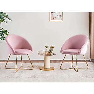 Altrobene Velvet Accent Chair, Modern Kitchen Dining Chairs, Living Room Bedroom Armchair, Home Office Reception Chair, Set of 2, Golden Finished, Pink