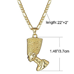 kelistom Egyptian Queen Nefertiti Pendant Necklace for Women | 18K Gold Plated Pendant Necklace | 3mm Figaro Chain Necklace 18/22 inches (22)