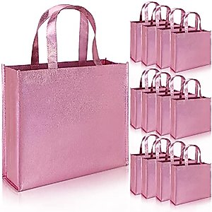PHOGARY 12 Large Gift Bags with Handles (Pink), Stylish Tote Bags for Birthday Wedding Party Favor Christmas Present Wrap, Reusable Glossy Grocery Bags, non-woven fabric