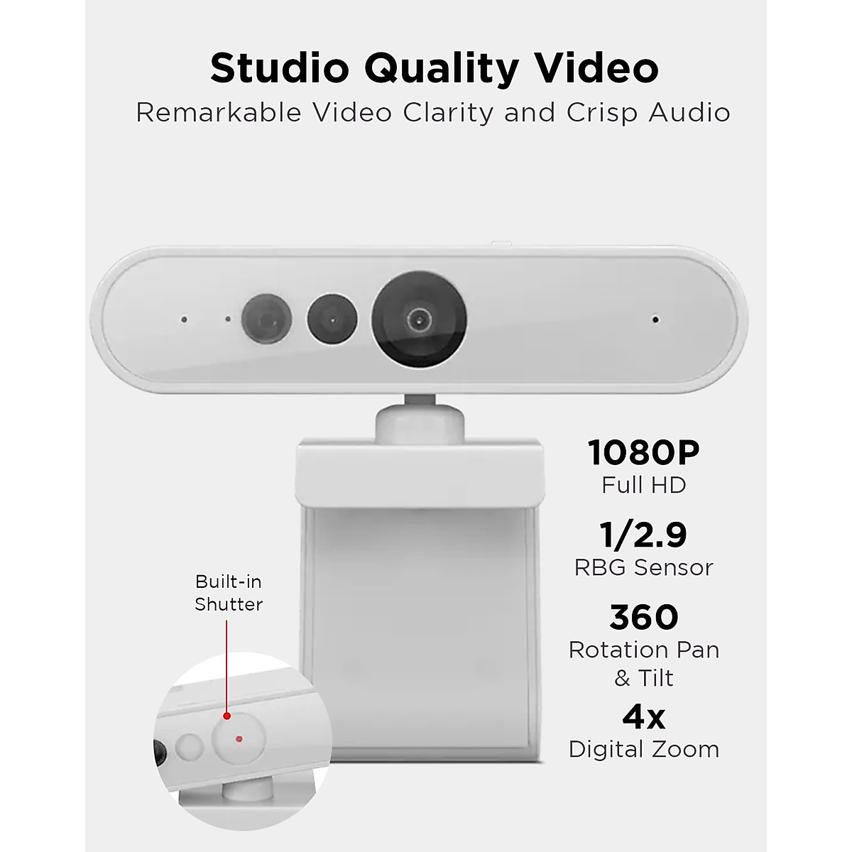Lenovo HD 1080p Webcam (510 FHD) - Monitor Camera with 4X Digital Zoom, 95° Wide Angle, 360° Rotation Pan & Tilt - Desktop Cam with Dual Microphones & Windows Hello for Livestreaming & Conferences