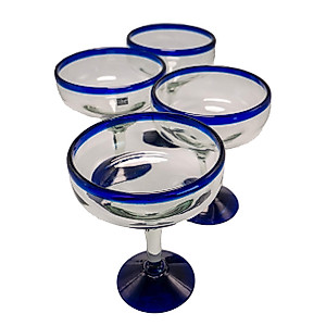 EMPORION Set of 4 Hand-Blown Margarita Glasses from Mexico with Cobalt Blue Rim - Rustic & Handcrafted Recycled Bubble Glass Drinking Glassware - 14 Oz