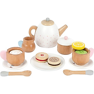 Small Foot Wooden Toys-Premium 17 Piece Toy Tea Playset- Deluxe Play Pretend Food Set includes Tea Pot, Cookies, Plates and Teacup-Ideal for Toddlers 3+