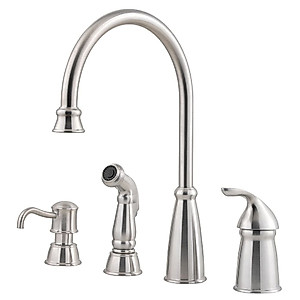 Pfister Avalon Kitchen Sink Faucet with Side Sprayer and Soap Dispenser, Single Handle, High Arc, Stainless Steel Finish, GT264CBS
