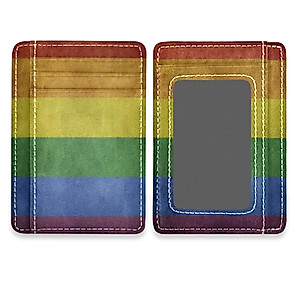 Linomo Thin leather Card Holder and Money Clip Vintage Rainbow Flag LGBT Wallet RFID Blocking for Men & Women