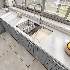 Sinber 32" x 19" x 10" Undermount Single Bowl Workstation Kitchen Sink with 16 Gauge 304 Stainless Steel Satin Finish 6 Accessories KSS0001S-OK