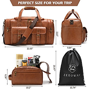 Zeroway PU Leather Travel Duffel Bag with Toiletry Dopp Kit and Laundry Bag, Weekender Overnight bag Luggage Carry-On Bag with Shoe Pouch for Men or Women Brown
