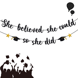 2024 Graduation Banner, Glittery She Believed She Could So She Did Banner Garland Photo Props Banner for Party Home Classroom Decorations… (Black)