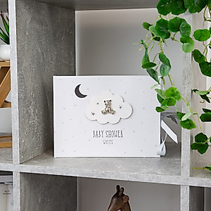 Happy Homewares Beautiful Ivory White Baby Shower Guest Book with Silver Plated Teddy Bear and Stars | 40 Lined Sheets | Luxurious Grey Fabric Ribbon
