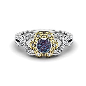 2 1/2 CT Round Shape Simulated Violet Alexandrite & White Cubic Zirconia Floral Wedding Engagement Ring in 14K White Gold Plated 925 Sterling Silver (2.50 Cttw) Ring Size - 6