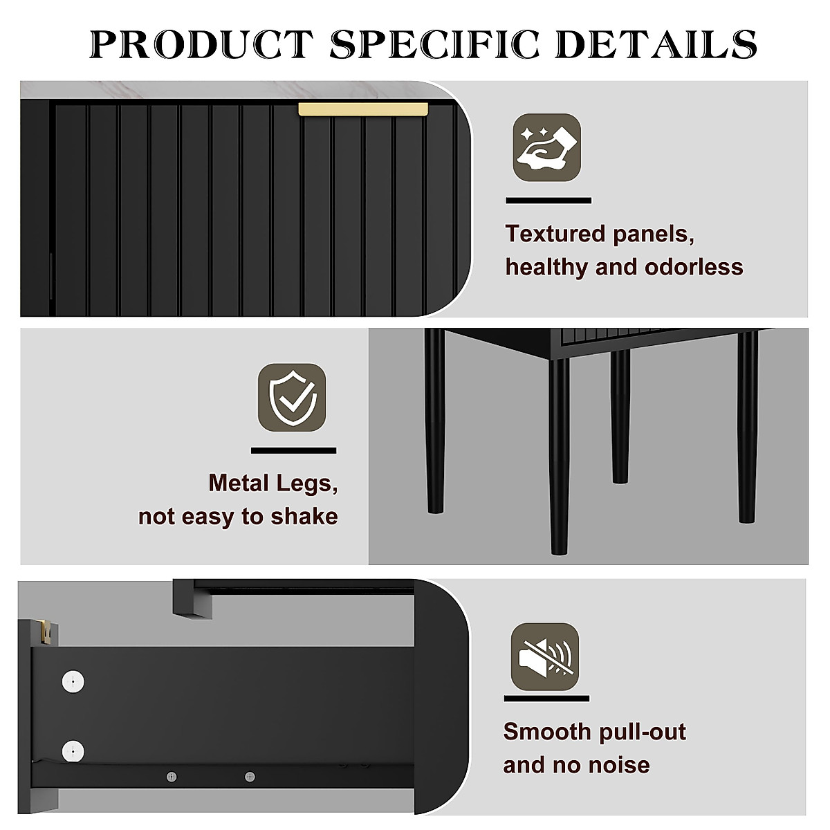 Anbuy Black Marble Nightstands Set of 2 with Gold Handle, Striped Night Stand with Drawers, End Side Table with Faux Marble Top, 2 Drawers End Table Metal Legs for Bedroom, Living Room