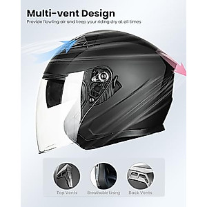 AUBOA Open Face Motorcycle 3/4 Helmets with Dual Visor for Men Women DOT Moped Scooter Cruiser Helmet Model AU-MO328 (Matte Black, L)