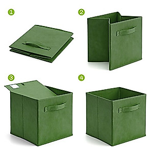 EZOWare Set of 12 Foldable Basket Bin Collapsible Storage Cube For Nursery, Kids Toys Organizer, Shelf Cabinet - (Kale Green+ White)