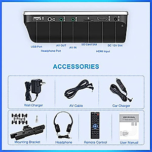 NAVISKAUTO 10.1'' DVD Player for Car with HDMI Input Wall Charger Headphone, Car DVD Player with Headrest Mount Support 1080P Video, MP4, USB/SD Card, AV in & AV Out, Region Free, Last Memory
