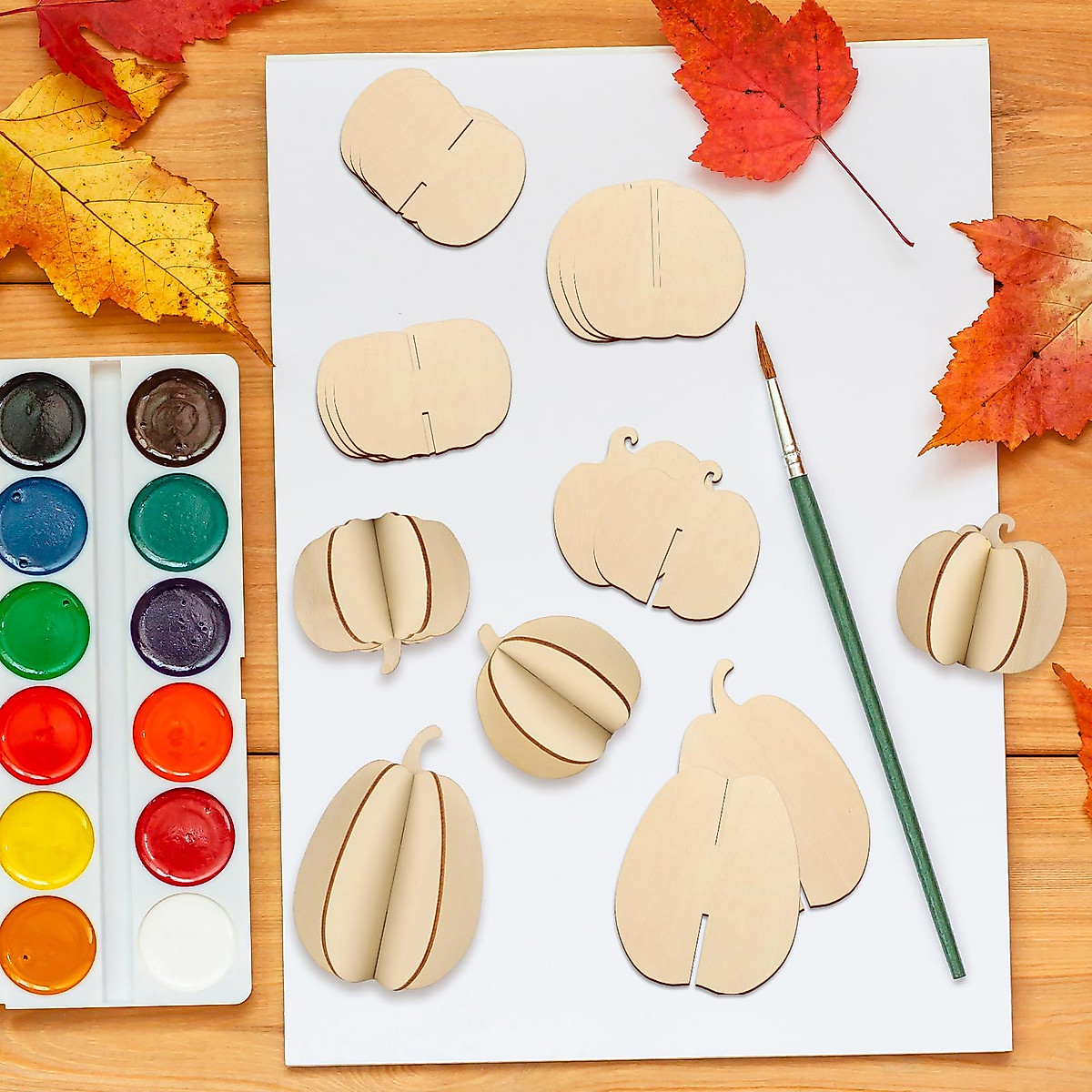 COCHIE DIY 3D Pumpkin Fall Wood Crafts to Paint for Kids Adults, Paintable Unfinished Wooden Slices for Craft, Autumn Pumpkins Cutouts Ornaments for Painting Decorations (24 PCS)