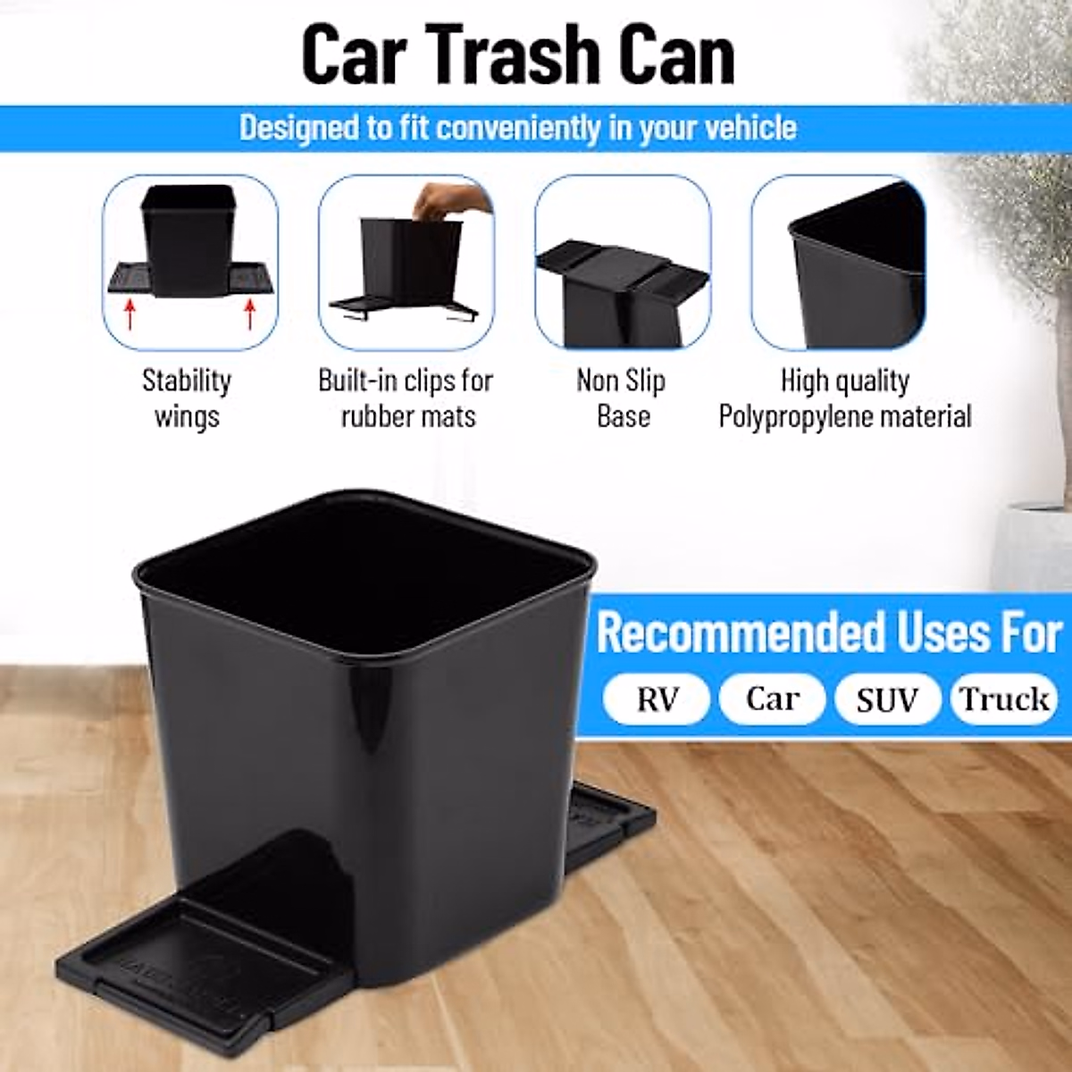 Car Trash Can for Vehicles Leakproof Compact Garbage Bin w/ Stability Flap, Anti-Slip Base, Portable Trash Holder for Cars, Trucks, SUVs, Minivans Compact, Auto Container Organizer (Black, Small)