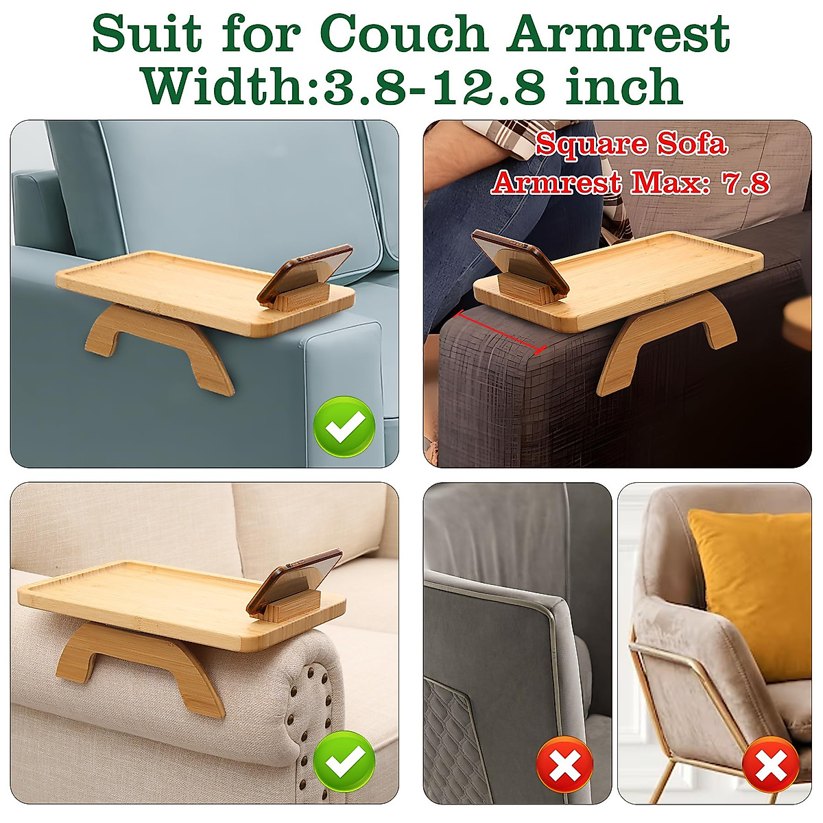 BAMBOOTRAY Couch Arm Table,Sofa Clip on Tray for Armrest Tray,Sofa Arm Table with Phone Holder,Couch Table for Living Room Bedroom,TV Tray Table for Eating & Drinking