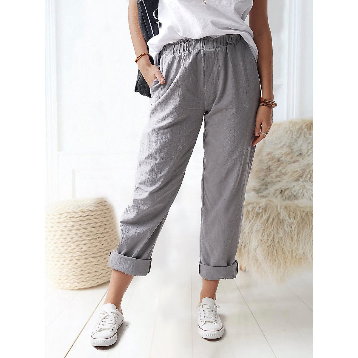 Women's Straight Pants Elastic Waist Trousers Casual lounge pants women for Work with Pockets Khaki