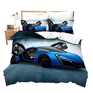 Sports Car Print Bedding Set Blue Luxury Car Pattern Extreme Sports Theme Comforter Cover for Kids Boys Girls Teens Soft Modern Microfiber Duvet Cover Decor 3Pcs Bedclothes With 2 Pillowcase Full Size