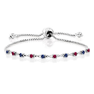 Gem Stone King 925 Sterling Silver Blue Created Sapphire and Red Created Ruby Tennis Bracelet For Women (0.55 Ct Round 2.5MM, Fully Adjustable Up to 9 Inch)
