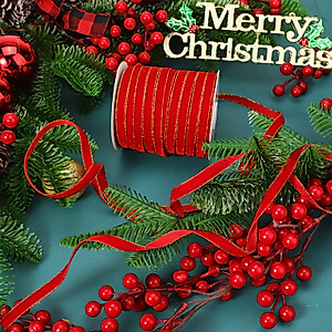 Syhood Christmas Velvet Ribbon with Gold Edge Waterproof Wrapping Velvet Wired Ribbon Decoration for Xmas Wreath Bows Floral Craft Ornaments(3/8 Inch x 60 Yard,Red)