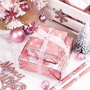 Homeral Pink Christmas Wrapping Paper Roll-46.8 sq.ft. (17in x 33ft) Pink Santa, Sleigh, Reindeer, Snowflake with Metallic Shine for Christmas, New Year Celebration, Party