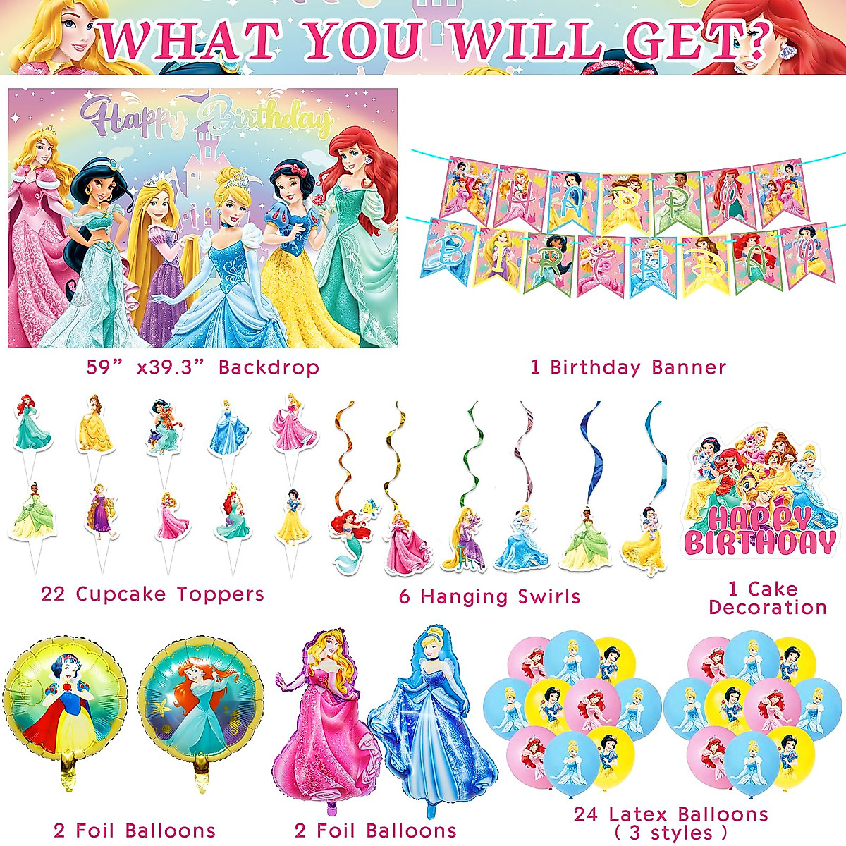 Princess Birthday Decorations - Princess Party Decorations include Banner Backdrop Ballons Cake Cupcake Toppers Haning Swirls, Princess Birthday Party Supplies