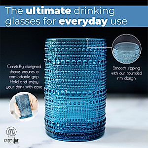Greenline Goods Hobnail Drinking Glasses - Blue 12 oz Thick Modern Kitchen Glassware Set - Unique Vintage Bubble Cocktails Or Modern Bar - Set of 4 - Old Fashioned Beverage Glasses For Tabletop