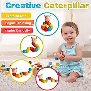 SHIERDU Four-in-one Early Education Set Bead Maze Toy for Toddlers Montessori Activity Caterpillars Eat Apple Wooden Rainbow Stacker Twisting Caterpillar Toddler Activity Center Portable Travel Toys
