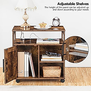 HOOBRO Printer Stand with Charging Station, Rolling Wood Storage Cabinet on Wheels, Printer Cart Table on Wheels for Home Office Rustic Brown FG60UPS01