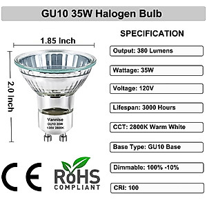 Vannise MR16 GU10 Bulb 35W, 6 Pack High Output GU10+C 120V 35W Bulb with GU10 Base, Long Lasting GU10 Halogen Bulb Warm White 2800K, GU10 Dimmable, GU10 120V 35W for Candle Warmer, Track Lighting