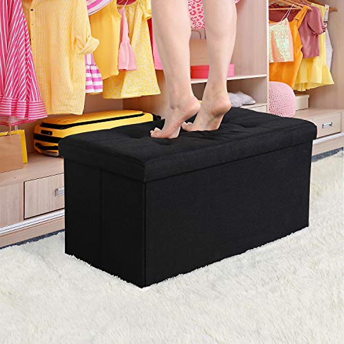 WoneNice Linen Folding Storage Ottoman Bench, Storage Chest Footrest Padded Seat, 30 x 15 x 15 Inches (Linen Black)