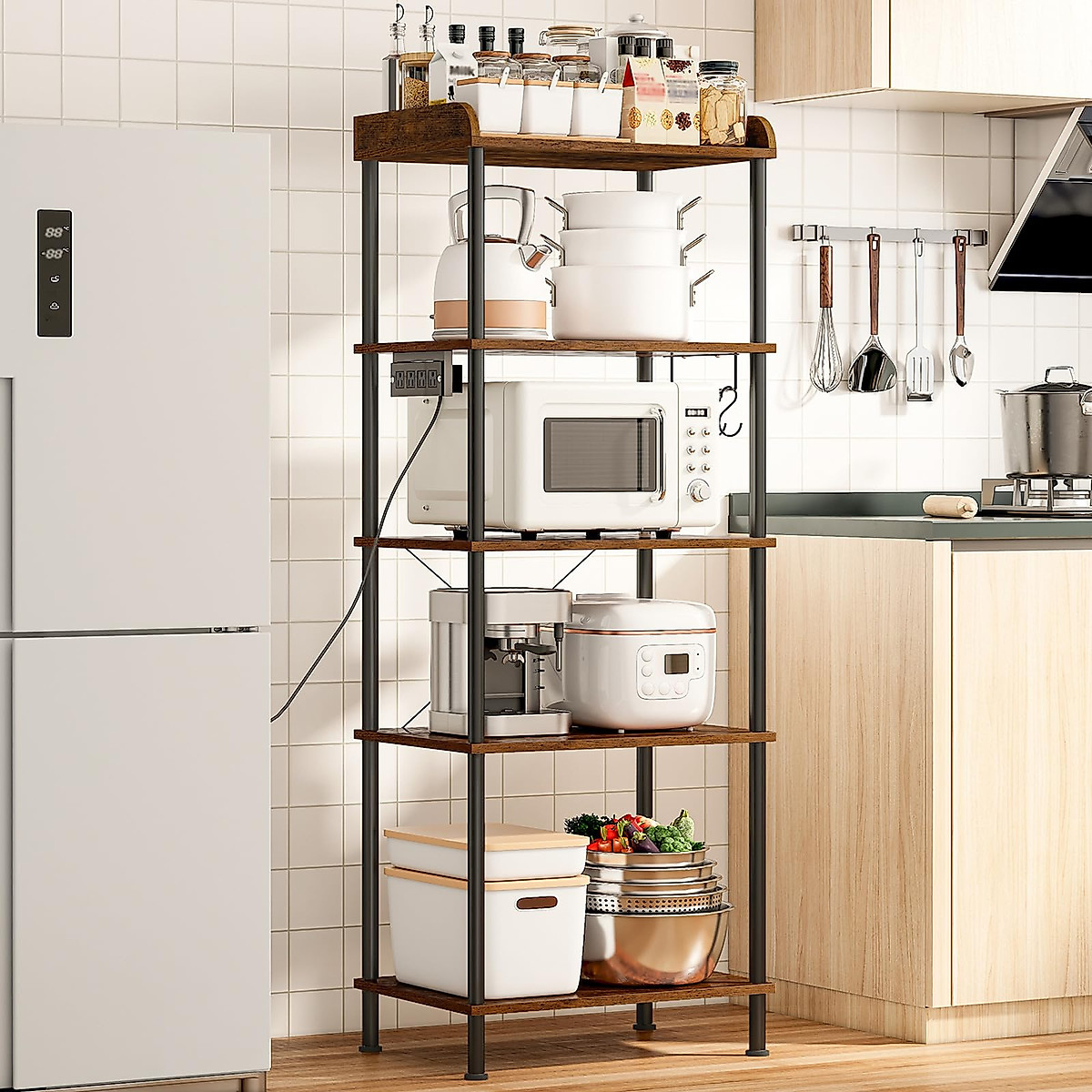 HOOBRO Kitchen Bakers Rack with Power Outlet, 5-Tier Free Standing Kitchen Storage Shelf Rack, Microwave Stand with 4 S-Shaped Hooks, Rustic Brown and Black BF55UHB01