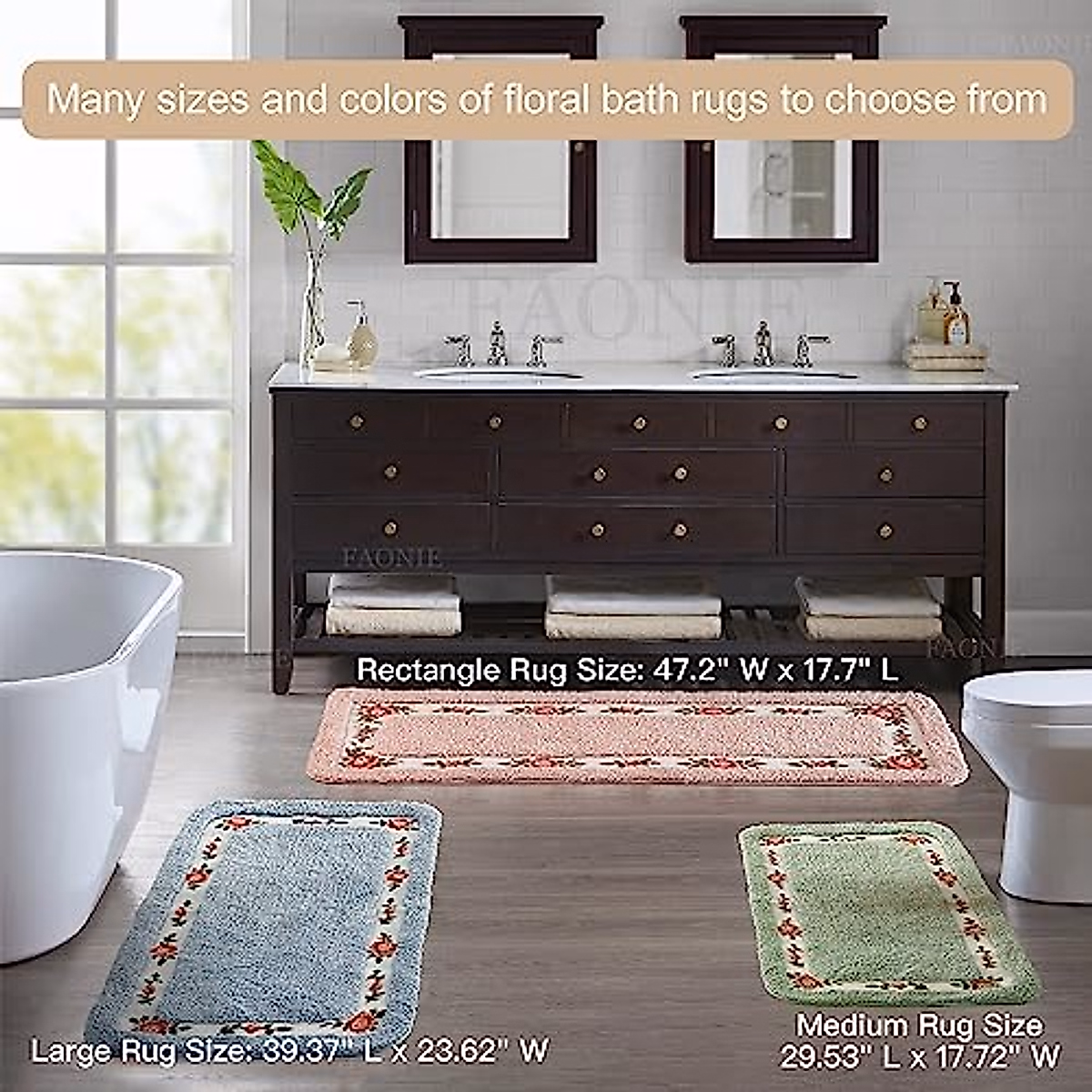 FAONIE Pretty Floral Rural Style Romantic Rose Flower Rug Shaggy Area Rugs Soft Non-Slip Doormat Floor Mat Bath Mat Bathroom Shower Rug Bedroom Living Room Carpet (Light Green, M)