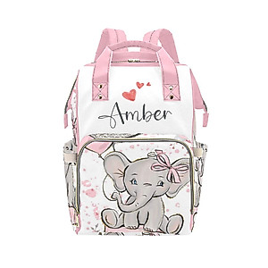 Anneunique Cute Elephant Pink Flowers Diaper Bags Backpack with Name Personalized Baby Bag Nursing Nappy Bag Travel Tote Bag Gifts for Mom Girl, 10.83 x 6.69 x 15 Inch