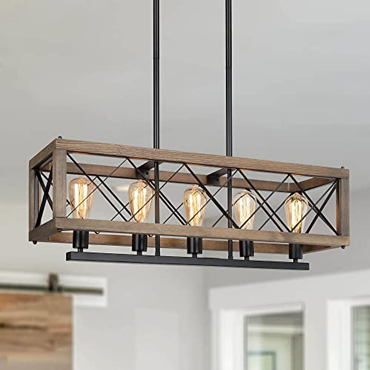 LALUZ Farmhouse Chandelier, 5-Light Chandeliers for Dining Room, 32" Rustic Wood Kitchen Island Lighting