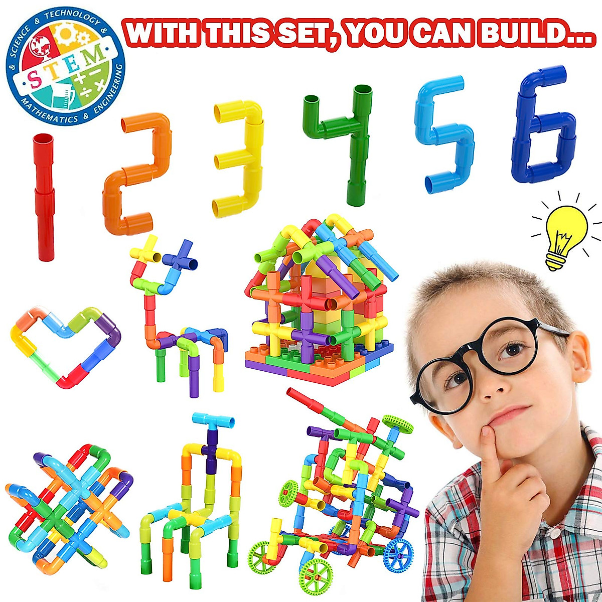 EP EXERCISE N PLAY Kids STEM Building Toys Tube Locks Construction Blocks Set Creativity Interlocking Pipe, Preschool Educational Learning Toys Gift Present for Toddlers Boys and Girls 3-5 (250PCS)