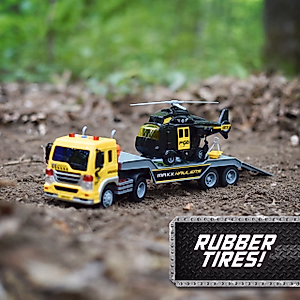 Sunny Days Entertainment Semi Truck Helicopter Carrier Transport – Lights and Sounds Toy Vehicle with Friction Motor | Realistic Truck and Trailer for Kids – Maxx Action