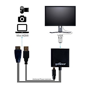 gofanco Active Mini HDMI to VGA Converter (Black) with Micro USB Power Cable for Mini HDMI Enabled Ultrabooks, notebooks, Tablets, Cameras and camcorders to Connect to VGA displays (MiniHDVGA)