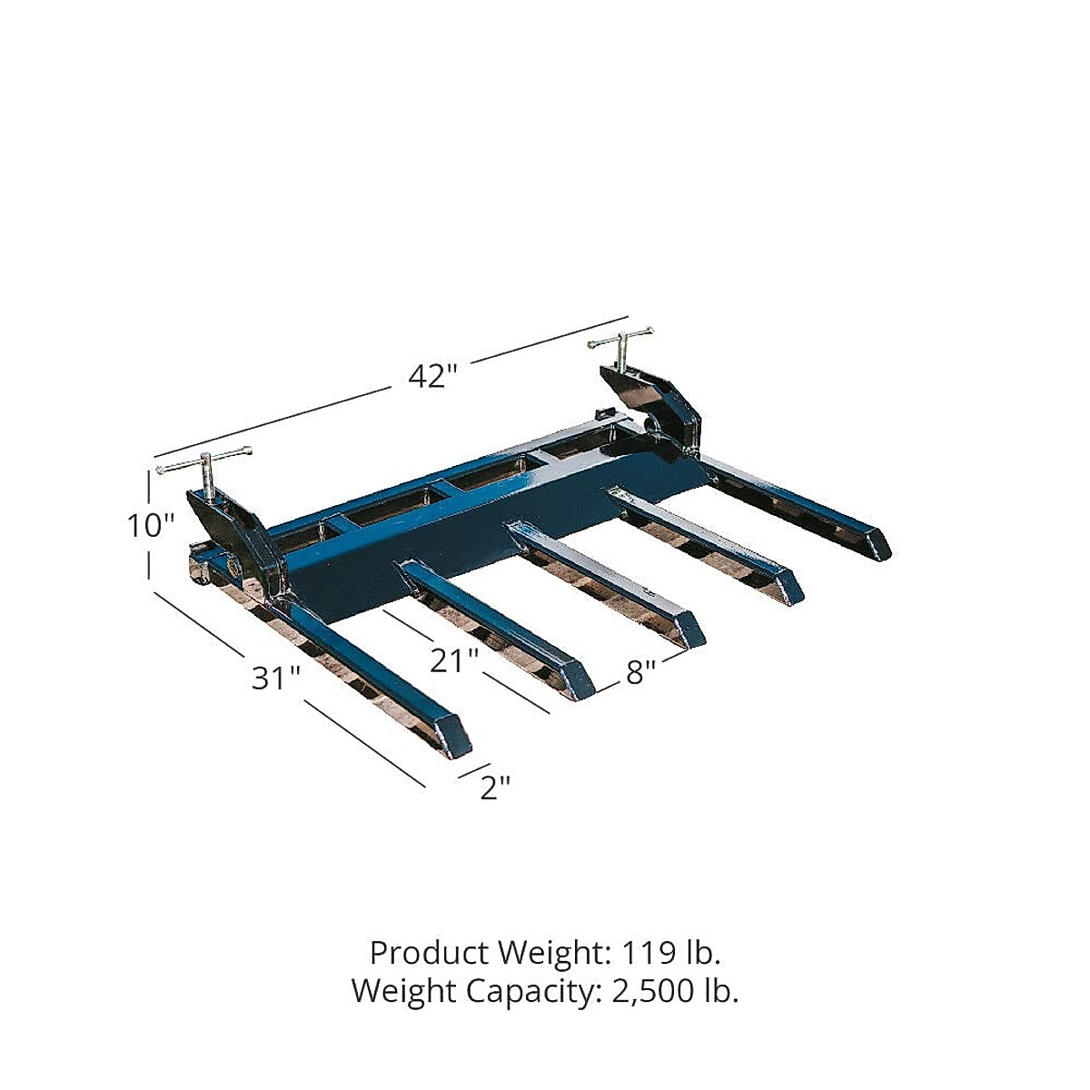 Titan Attachments 21" Fork Length Clamp-On Debris Forks V2, Fits 48" Loader Buckets, Skid Steers, Rated 2,500 LB Capacity