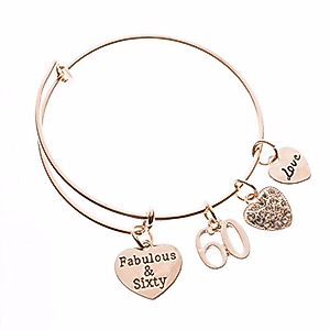 Infinity Collection 60th Birthday Charm Bracelet – Rose Gold Adjustable Bangle with Fabulous & Sixty Charms – Gift for Women – Includes Velvet Jewelry Pouch