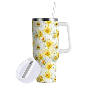 Yellow Daffodils Narcissus Tumbler with Handle and Straw Lid, Watercolo Garden Flowers 30 oz Insulated Coffee Cup Stainless Steel Water Bottle Travel Mug Cupholder Friendly,Gifts for Women Men