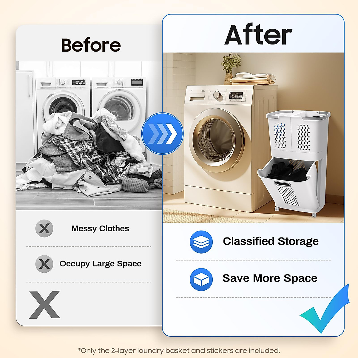 Removable Laundry Basket, Floor-Standing Tiered Laundry Basket with Wheels, Stackable Laundry Basket System for Bathroom Bedroom Balcony Laundry Room Organization, 17.32 * 12.2 * 29.13inch