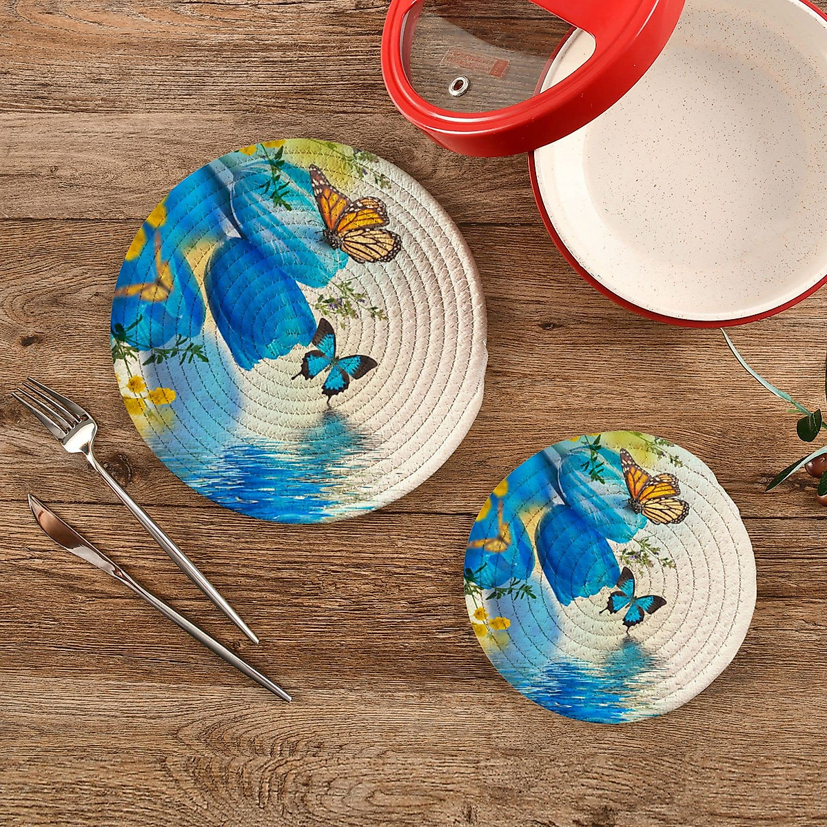 Kigai Blue Tulips with Mimosa and Butterfly Round Pot Holders Trivets Set 2 Pcs, 100% Cotton Thread Weave Trivets for Hot Dishes,Pot,Bowl,Teapot,Plates