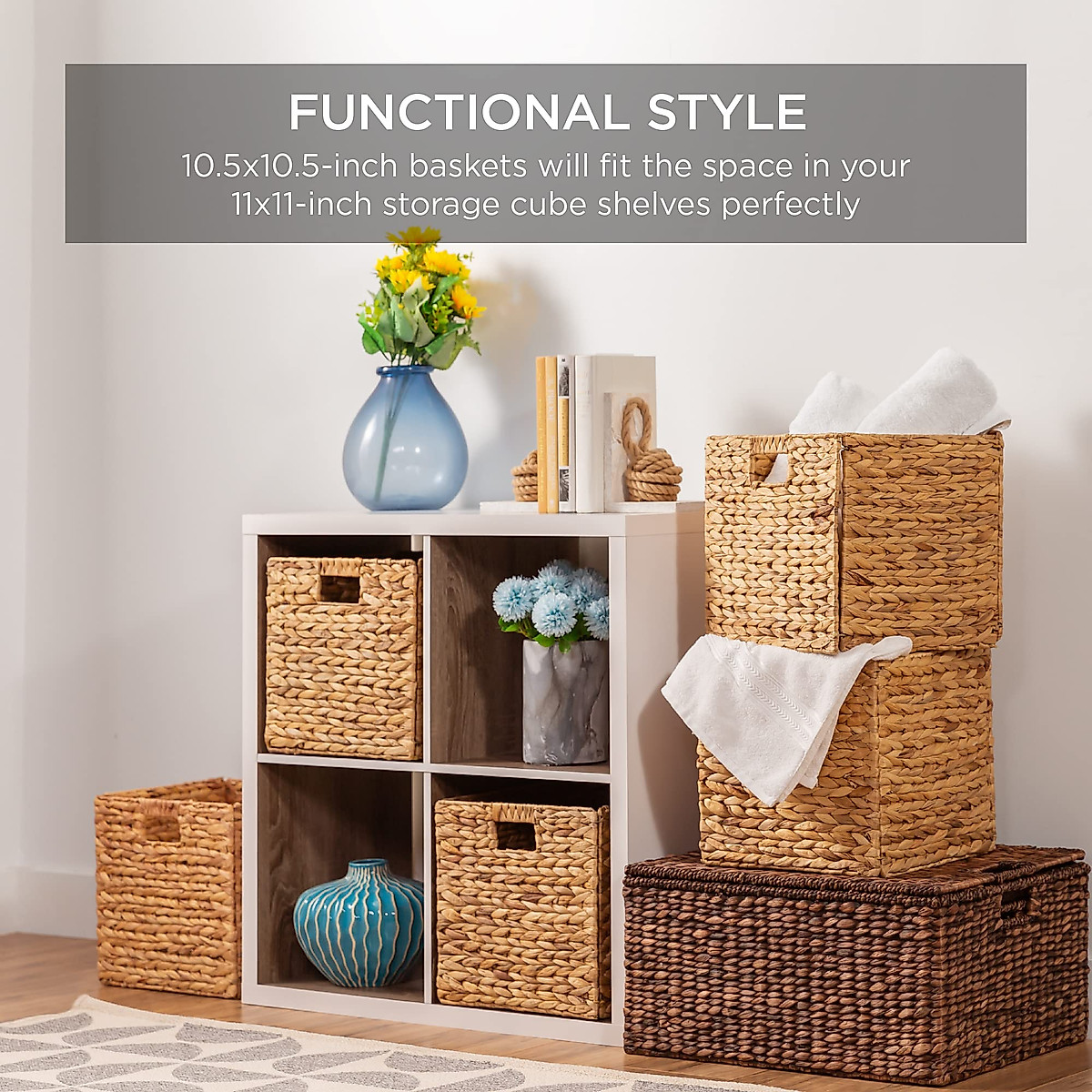 Best Choice Products 10.5x10.5in Hyacinth Baskets, Rustic Set Of 5 Multipurpose Collapsible Storage Organizer, Handwoven Laundry Totes for Bedroom, Living Room, Bathroom, Shelves - Natural